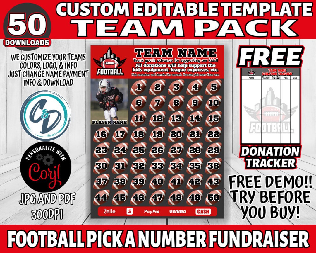 Corjl Editable Football Pick a Number Fundraiser, Football Team Pack 50 ...