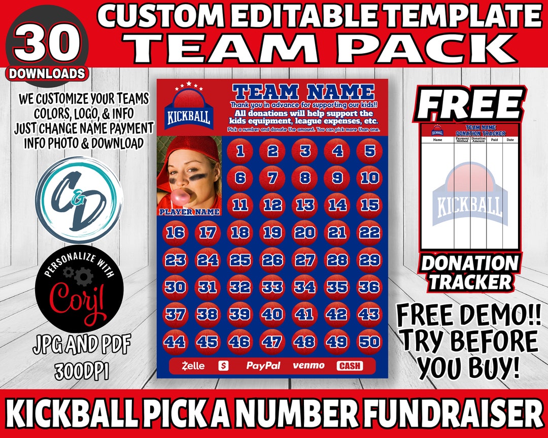 Corjl Editable Kickball Pick a Number Fundraiser, Kickball Team Pack 30 ...