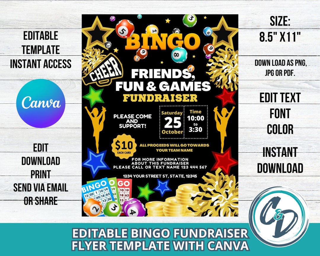 Cheer Gold Bingo Fundraiser Flyer Editable Bingo Fundraiser Day Canva ...