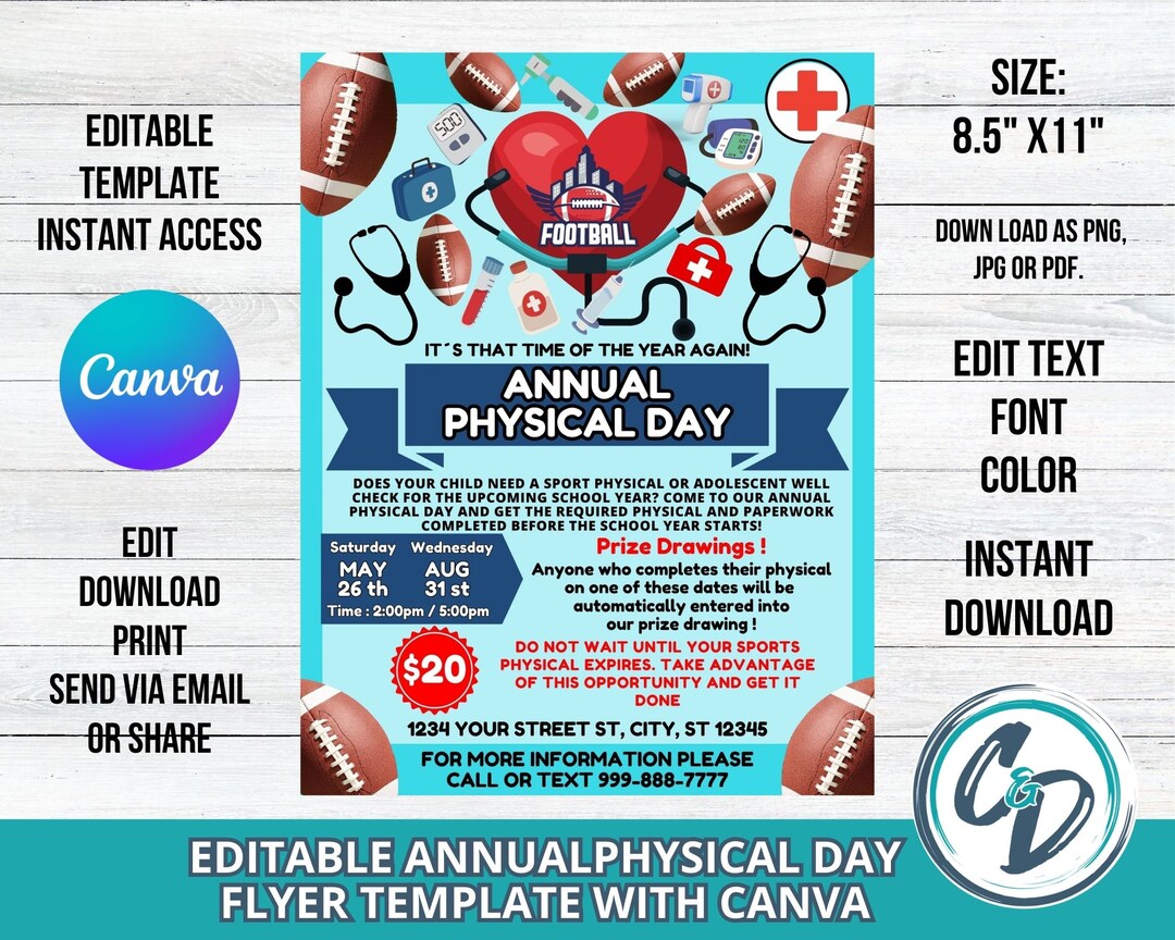 Football Annual Physical Exam Flyer, Editable Annual Physical Day ...