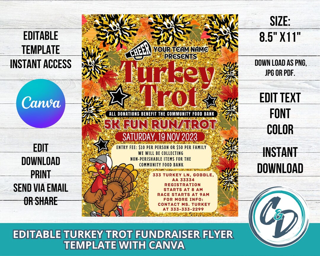 Cheerleading Turkey Trot Fundraiser Flyer Printable Cheer Thanksgiving ...