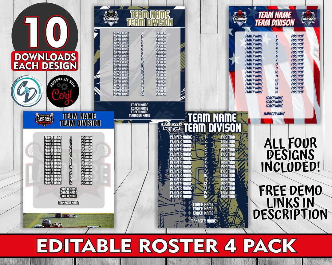 Customizable Lacrosse Roster Template Pack , 4 Designs Included, Corjl ...