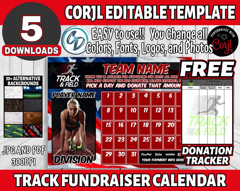 Corjl Editable Track and Field Fundraiser Calendar, Track 1 to 31 ...