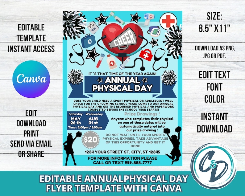 Cheerleading Annual Physical Exam Flyer, Editable Annual Physical Day ...