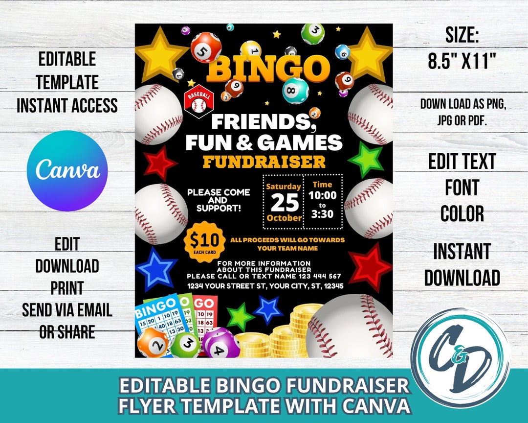 Baseball Bingo Fundraiser Flyer Editable Bingo Fundraiser Day Canva ...
