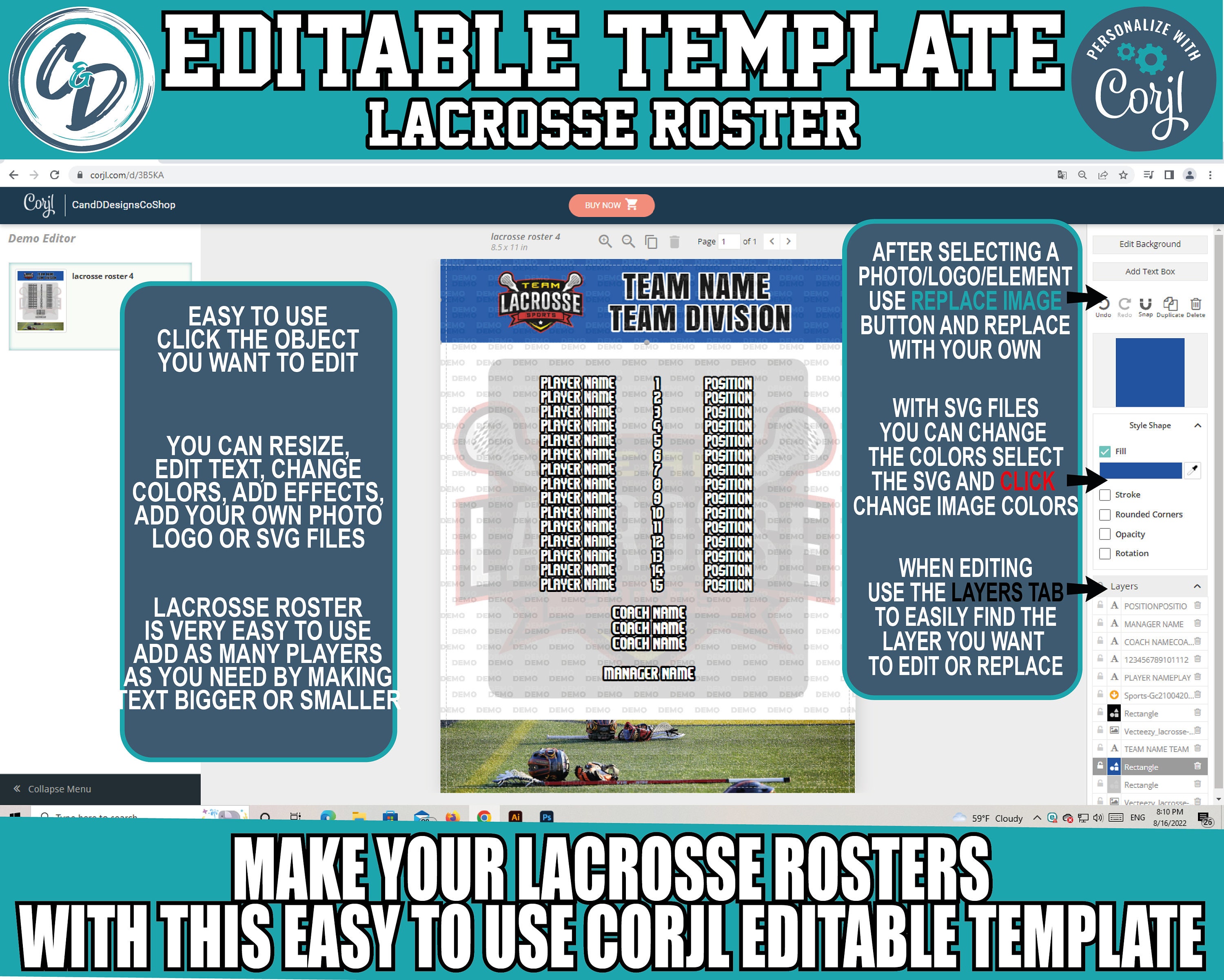 Customizable Lacrosse Roster Template Pack , 4 Designs Included, Corjl ...