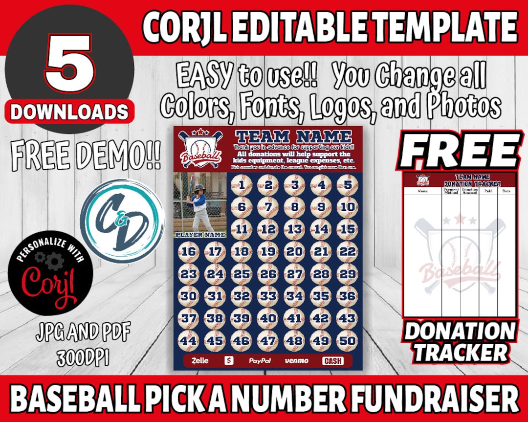 Corjl Editable Baseball Pick a Number Fundraiser, Baseball Fundraiser ...