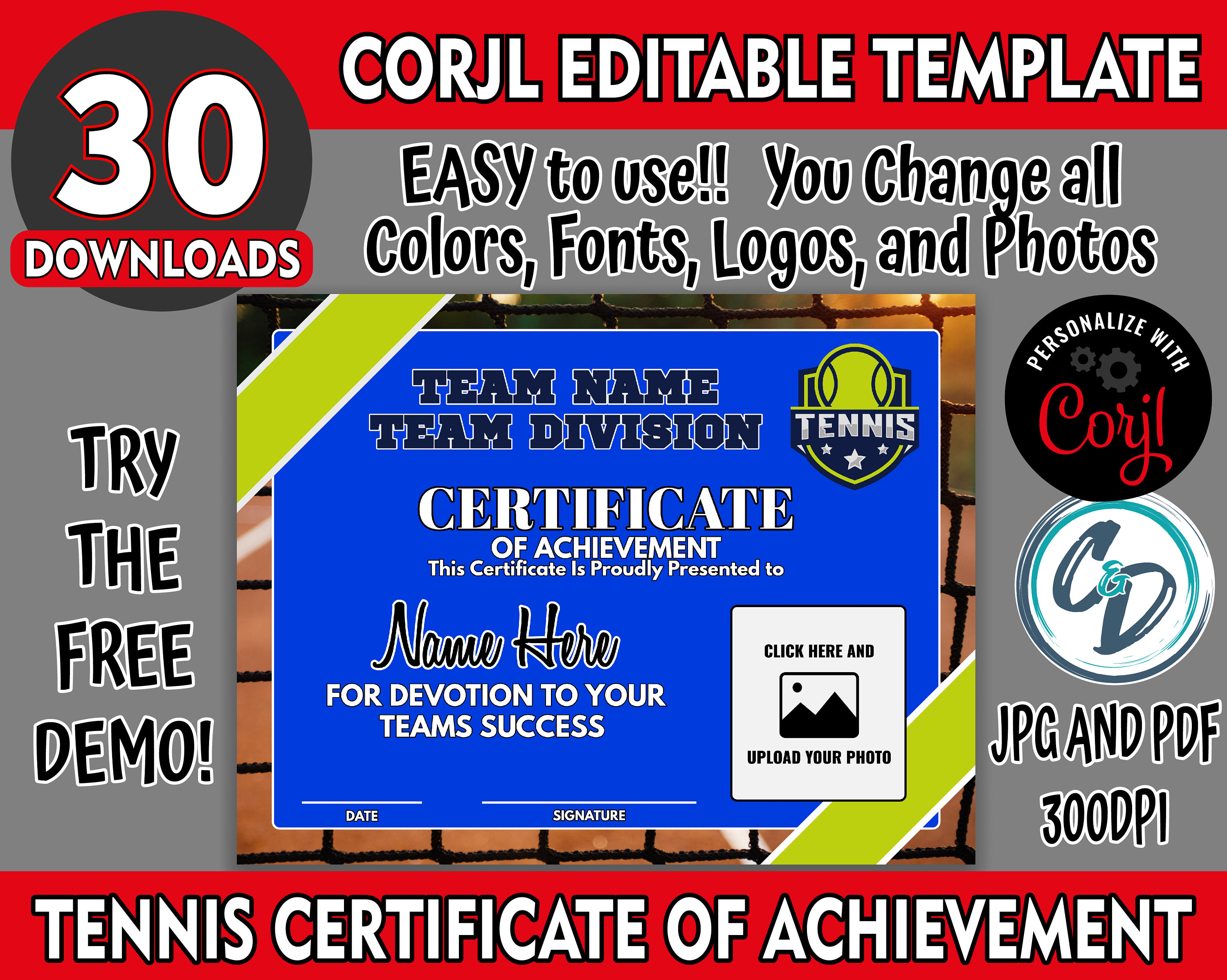 Personalized Tennis Certificate Template Editable Sports Award ...