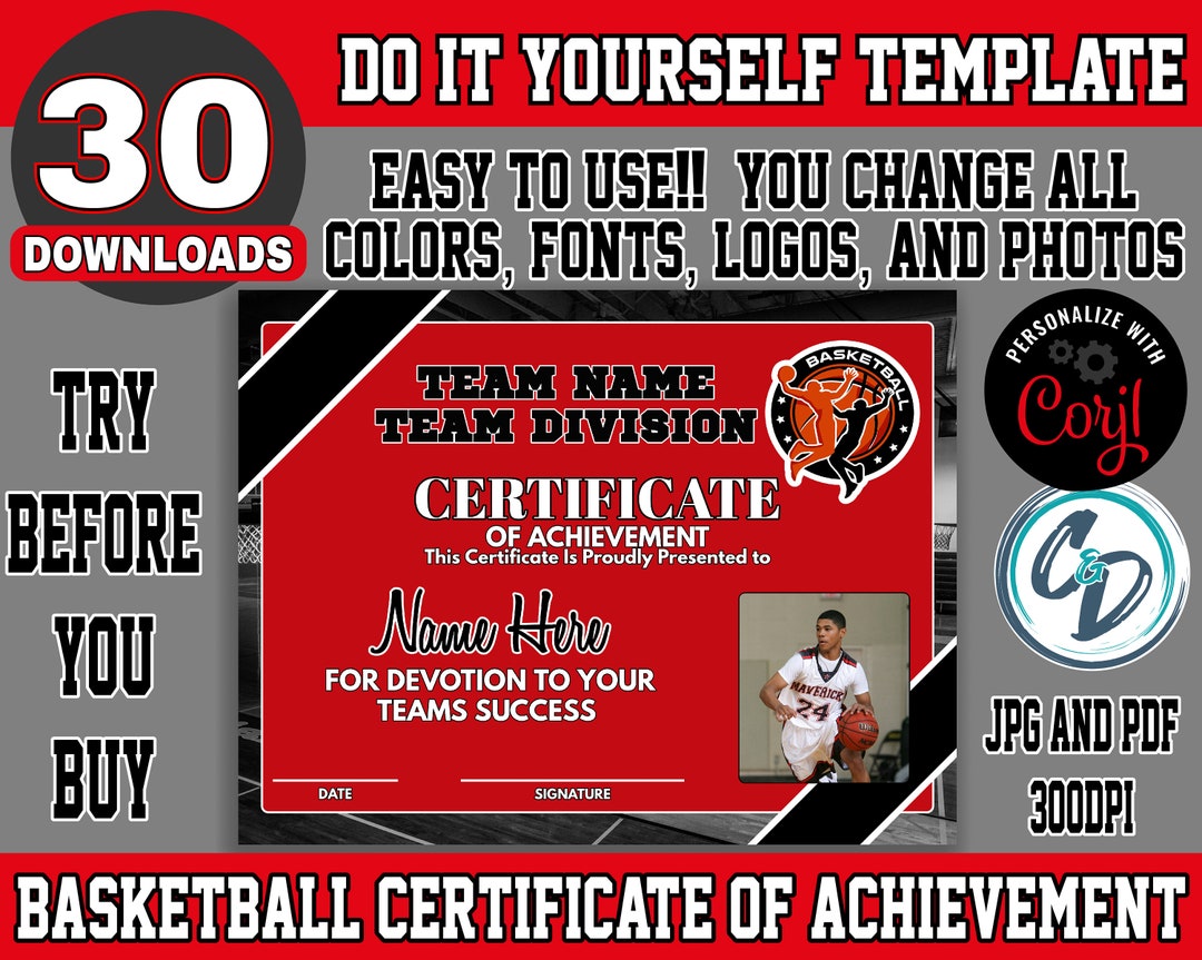 Personalized Basketball Certificate Template | Editable Sports Award ...