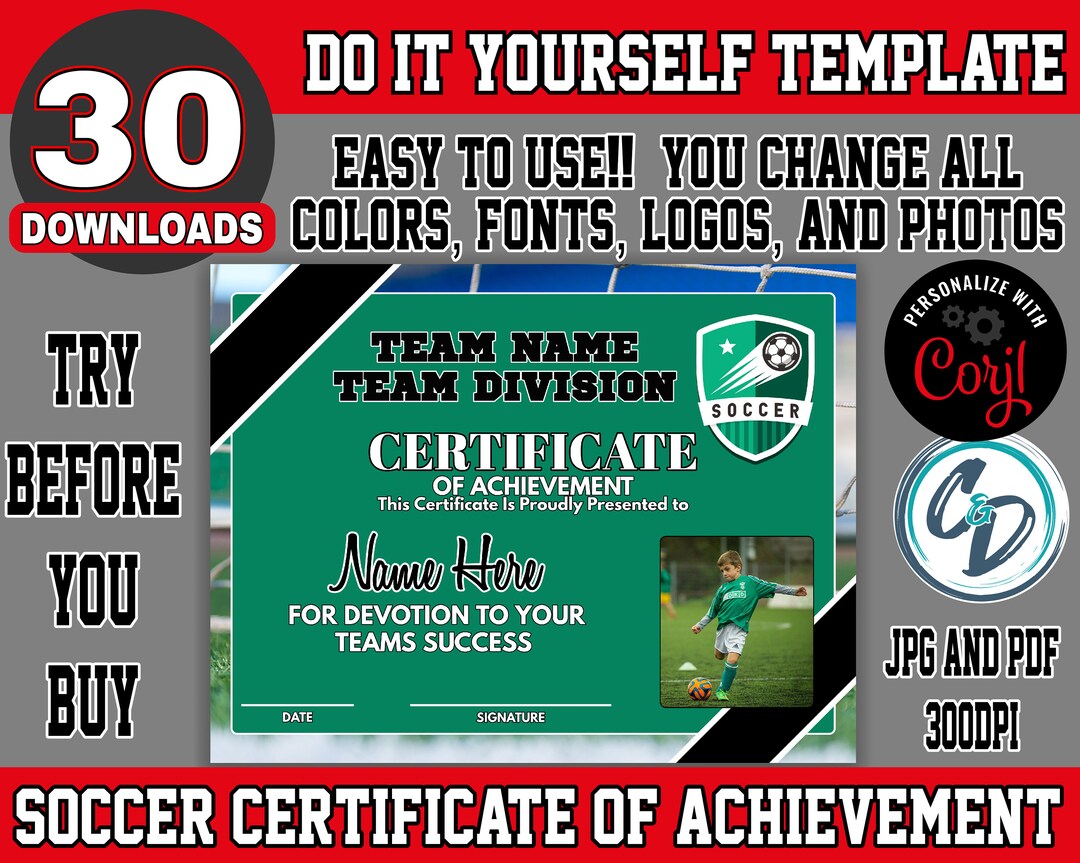 Personalized Soccer Certificate Template Editable Sports Award ...