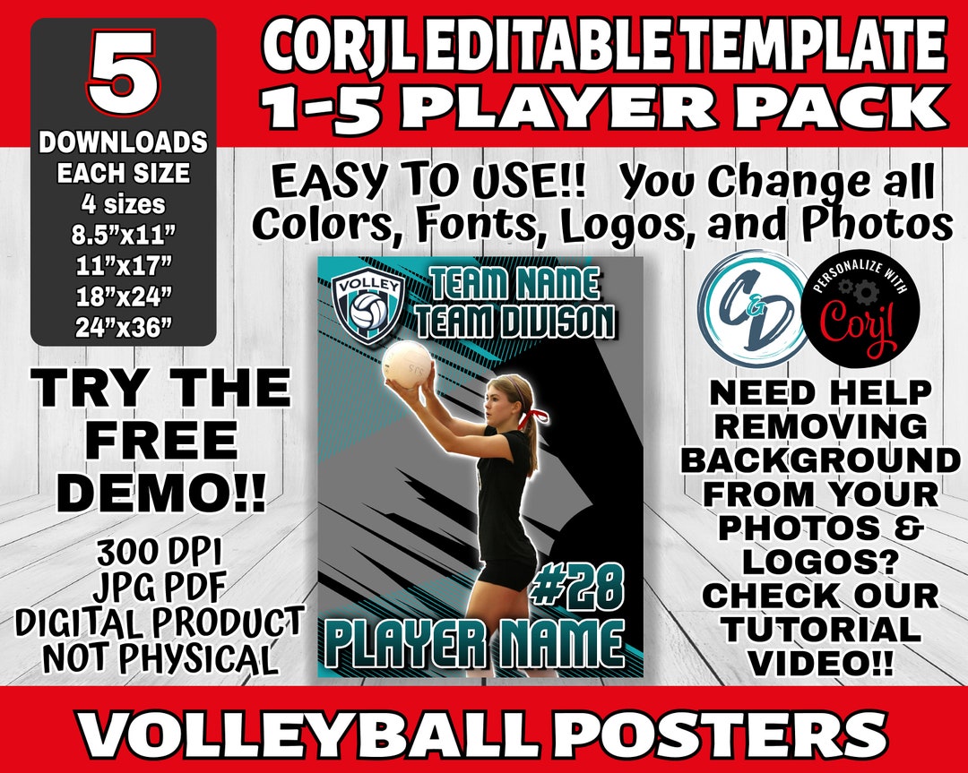 Corjl Editable Volleyball Poster Pack, Volleyball Posters 4 Size 5 ...
