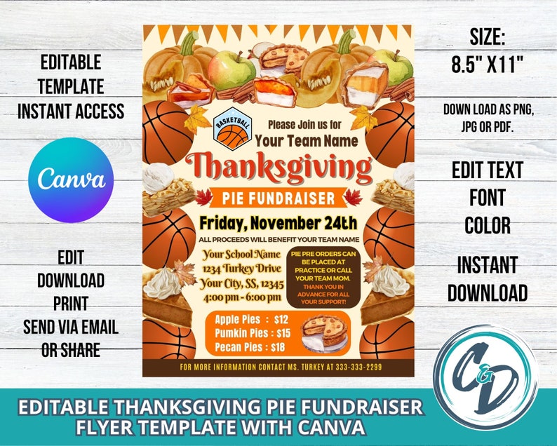 Basketball Thanksgiving Pie Fundraiser Flyer Printable Basketball ...