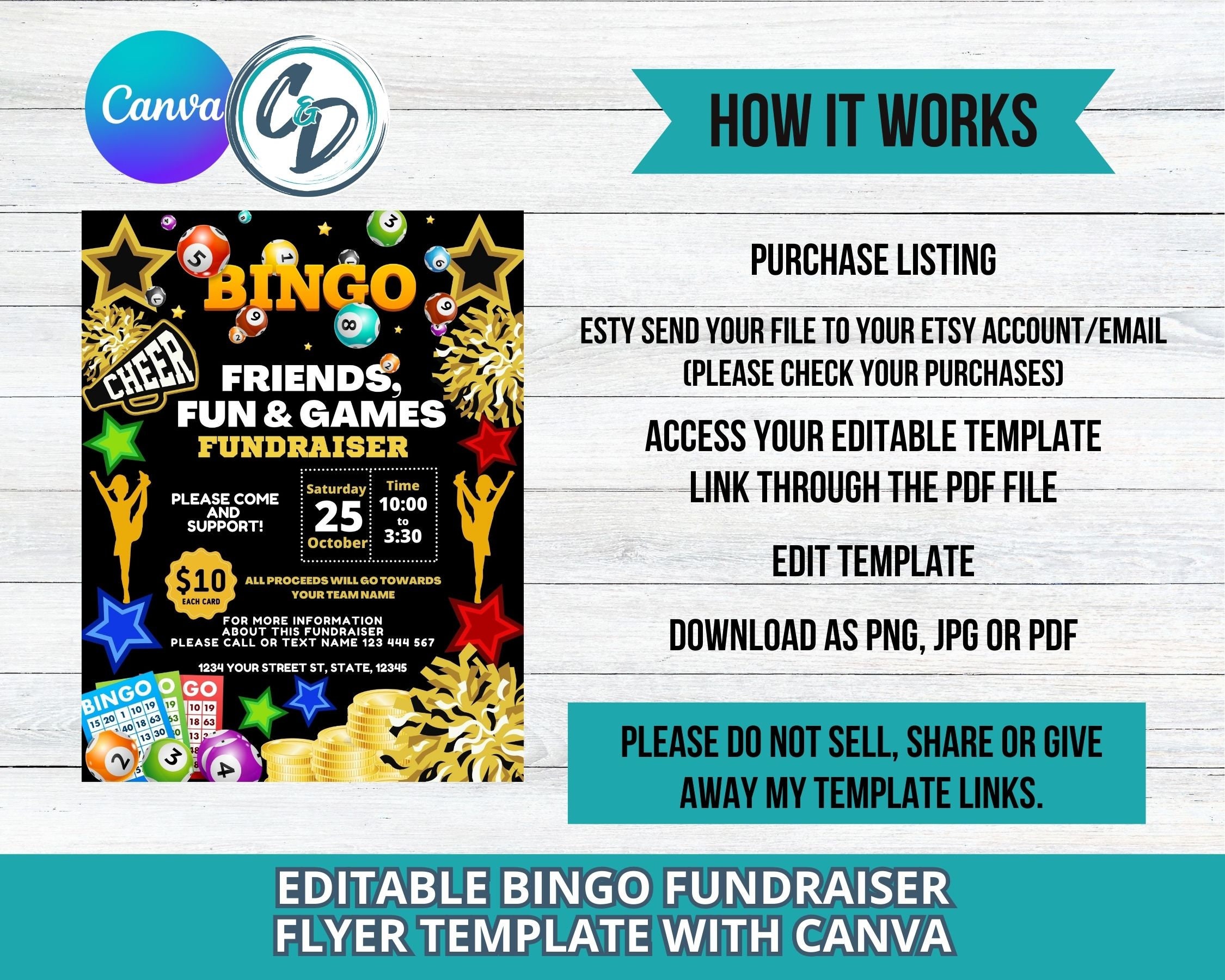 Cheer Gold Bingo Fundraiser Flyer Editable Bingo Fundraiser Day Canva ...