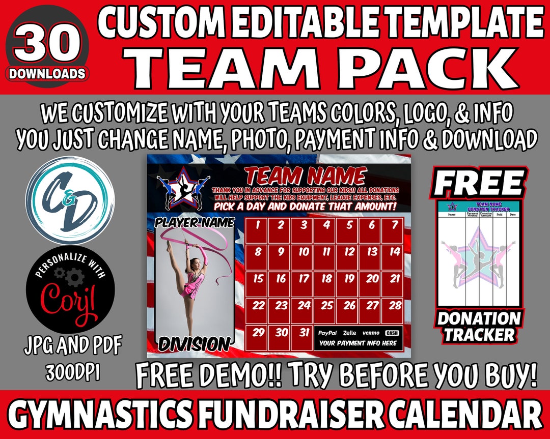 Corjl Editable Gymnastics Fundraiser Calendar, Team Pack 30 Download ...