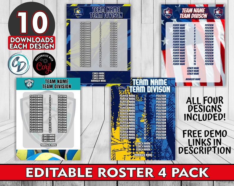 Customizable Volleyball Roster Template Pack , 4 Designs Included ...