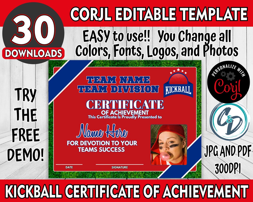 Personalized Kickball Certificate Template | Editable Sports Award ...