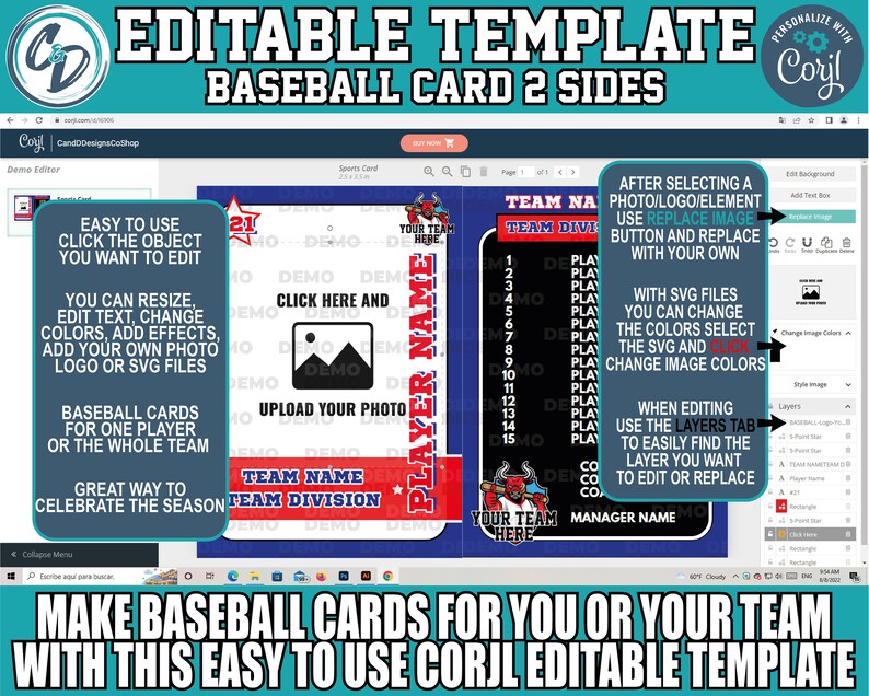 Customizable Baseball Card Template Editable Sports Card Design, Corjl ...
