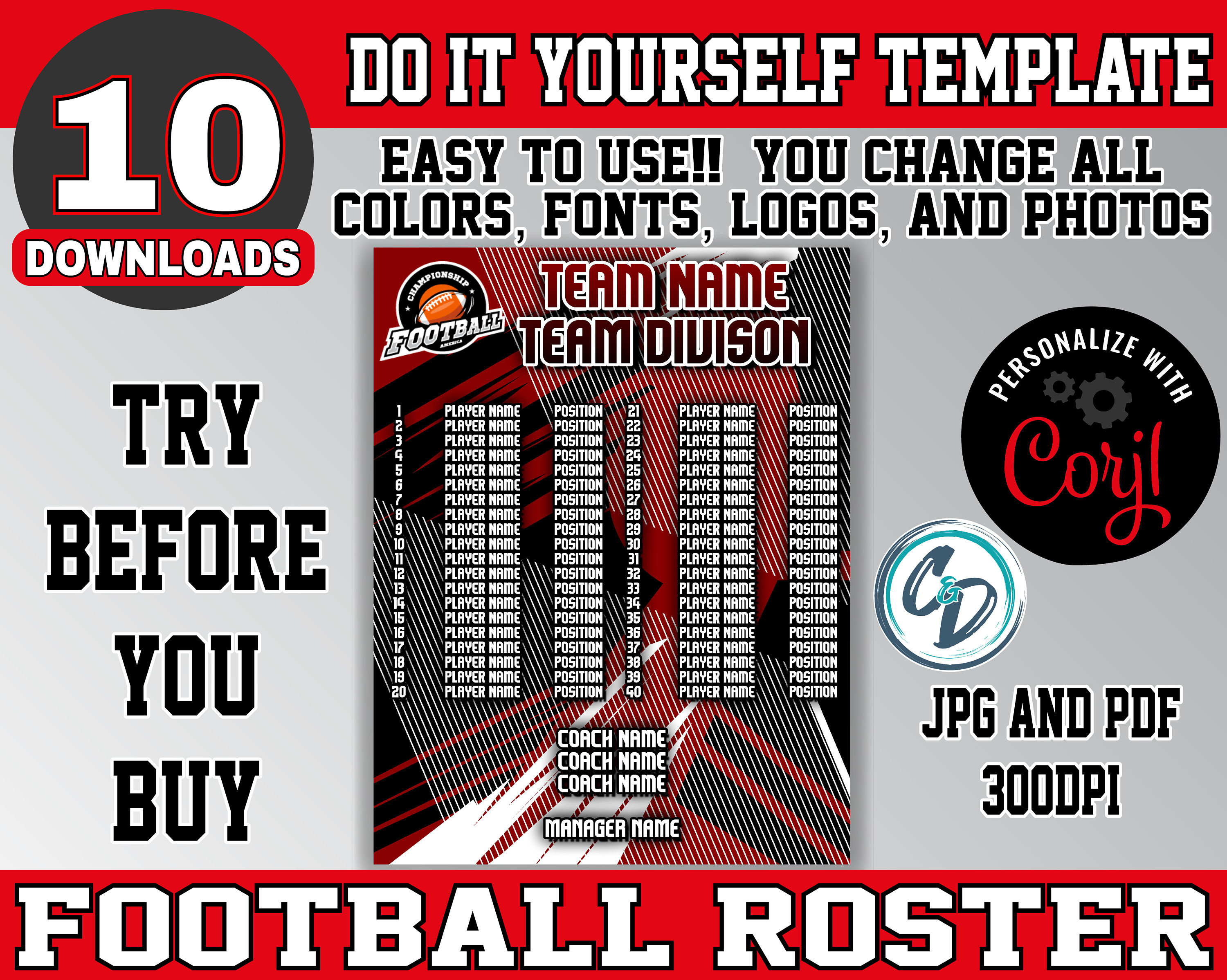 Customizable Football Roster Template Pack , 4 Designs Included, Corjl ...