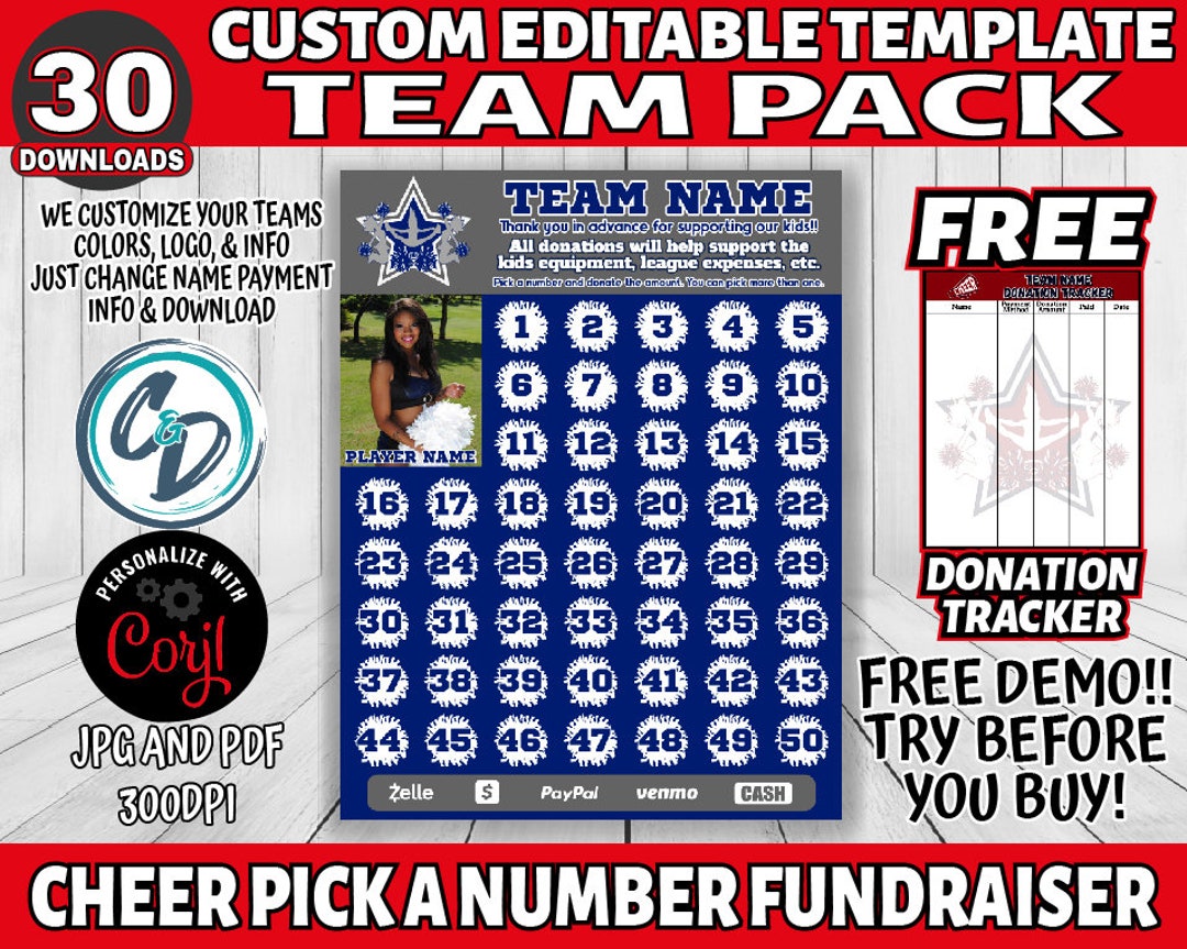 Corjl Editable Cheerleading Pick a Number Fundraiser, Cheer Team Pack ...