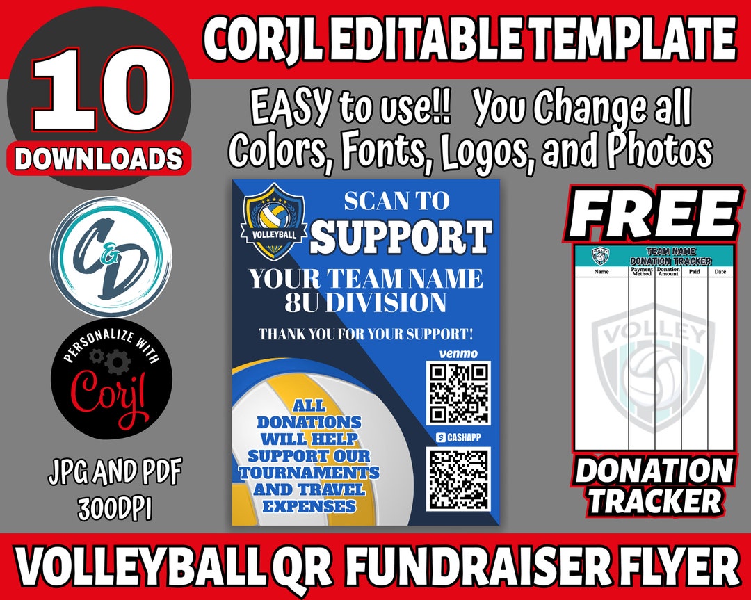 Customizable Volleyball Fundraiser Template, Editable Volleyball QR ...