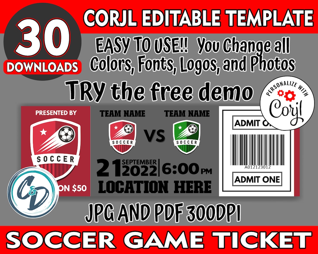 Customizable Soccer Game Ticket Maker Template, Editable Sports Match ...