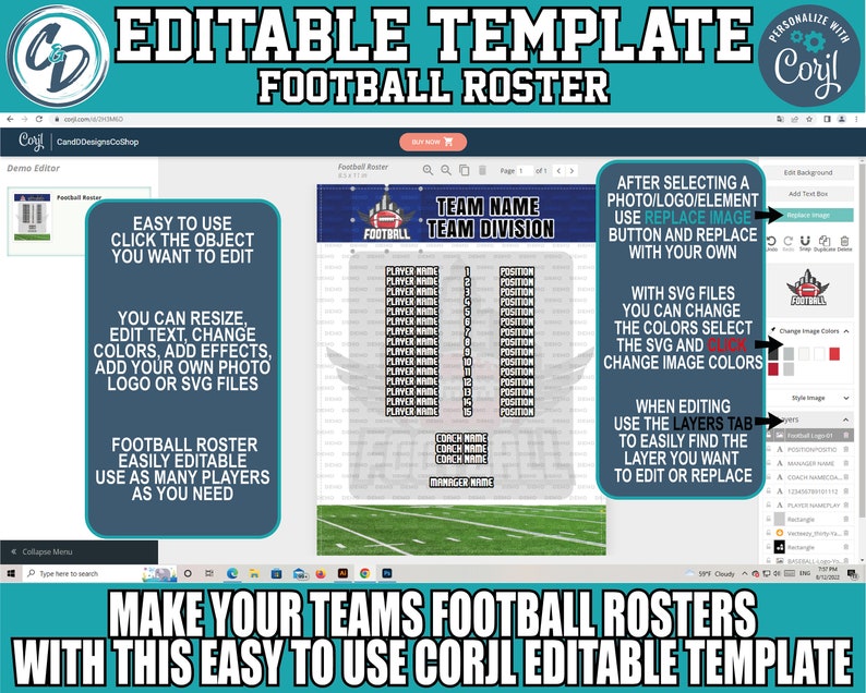 Customizable Football Roster Template, Editable Sports Roster Design ...