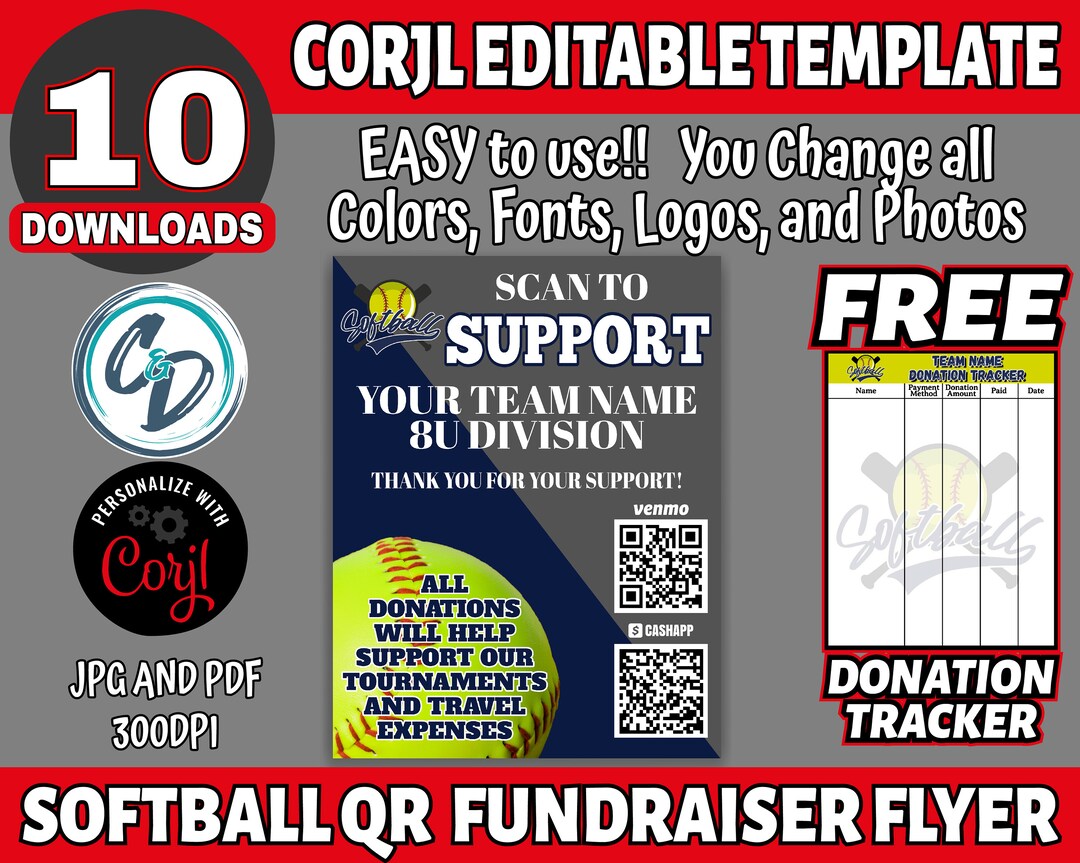 Customizable Softball Fundraiser Template, Editable Softball QR Code ...