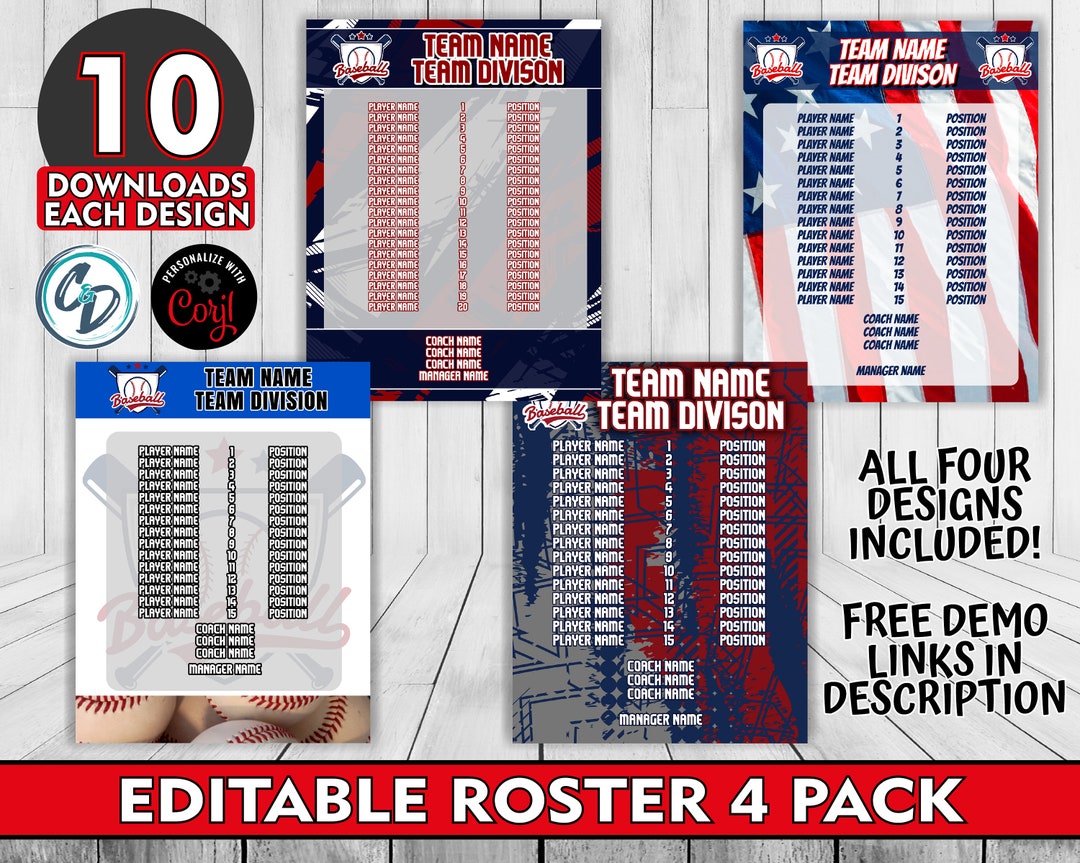 Customizable Baseball Roster Template Pack , 4 Designs Included, Corjl ...