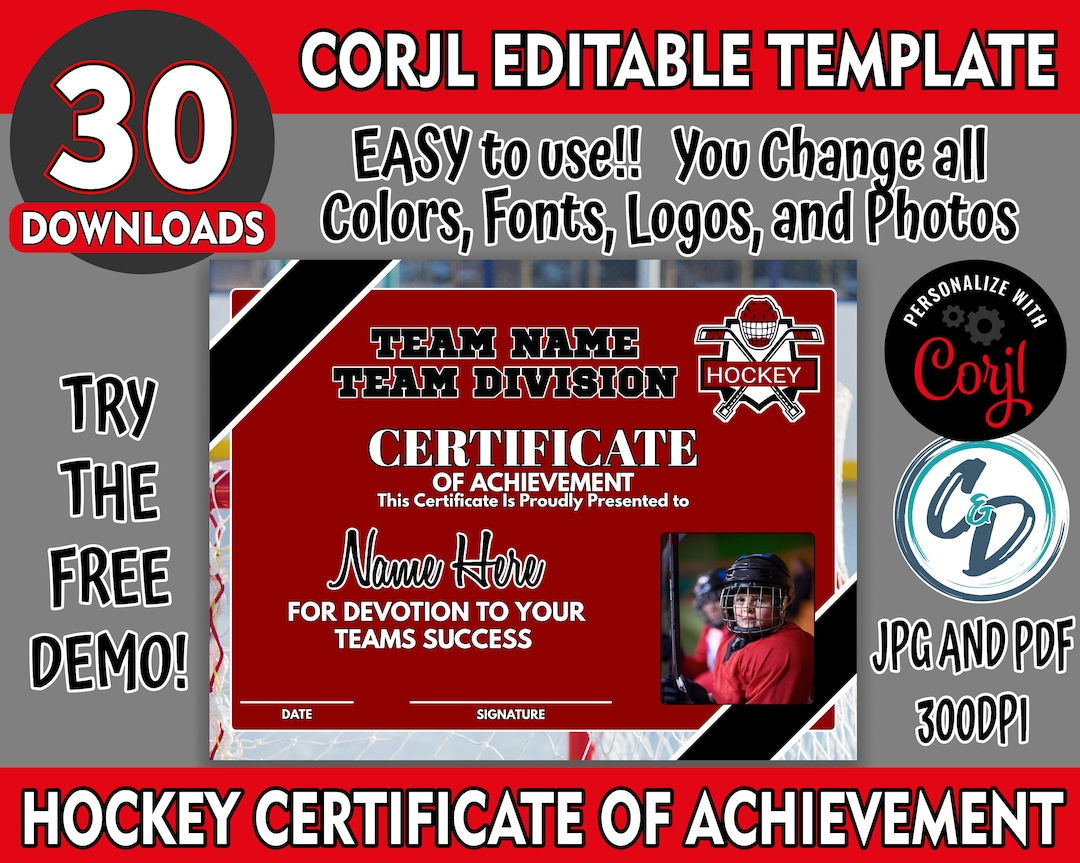 Personalized Hockey Certificate Template | Editable Sports Award ...