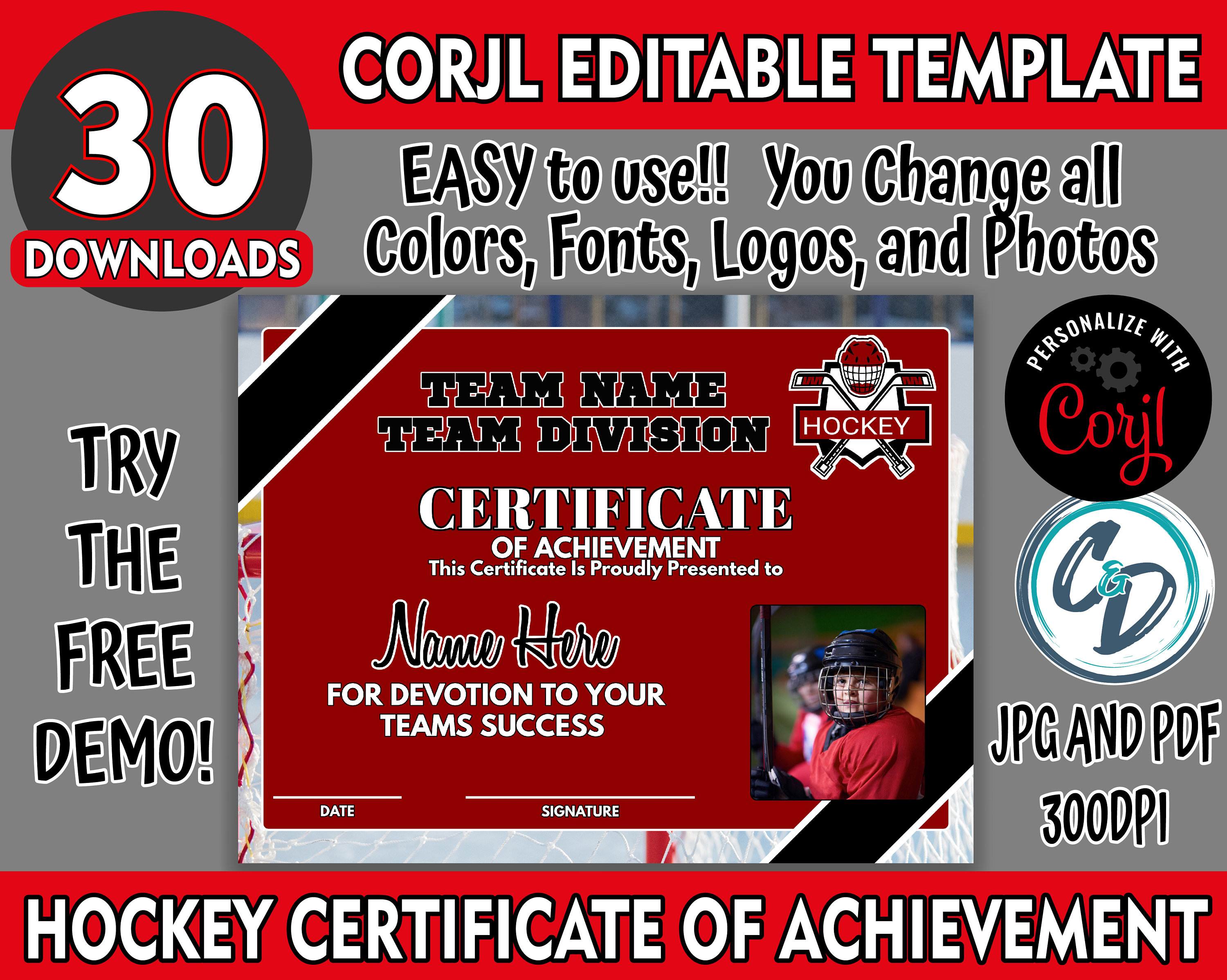 Personalized Hockey Certificate Template | Editable Sports Award ...