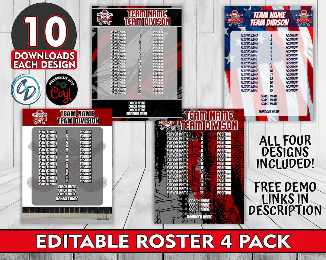 Customizable Hockey Roster Template Pack , 4 Designs Included, Corjl ...