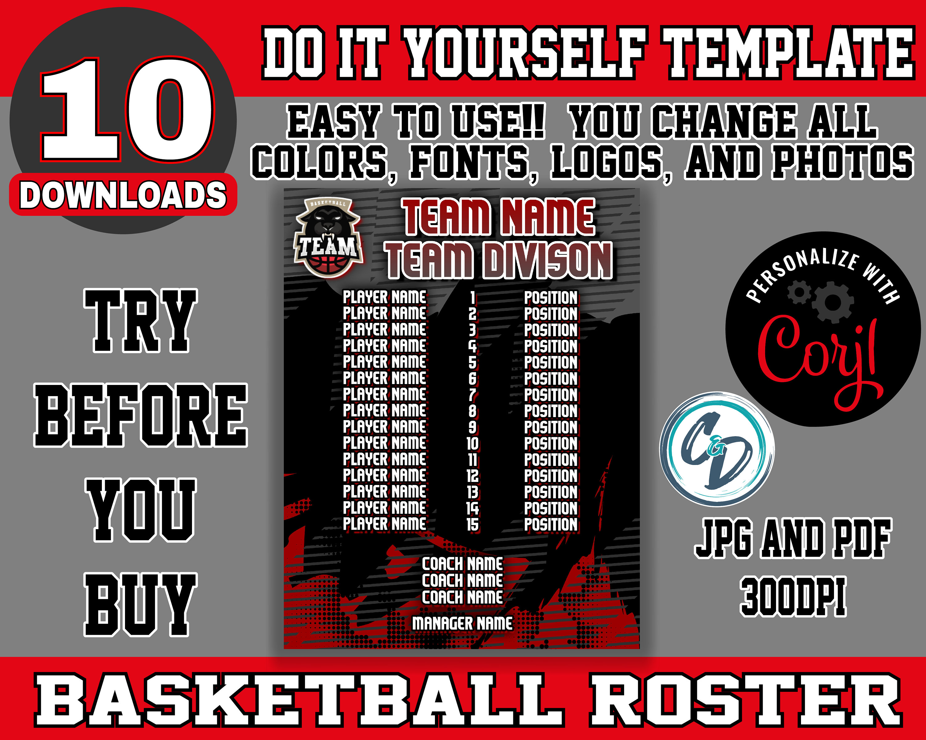 Customizable Basketball Roster Template, Editable Sports Roster Design ...