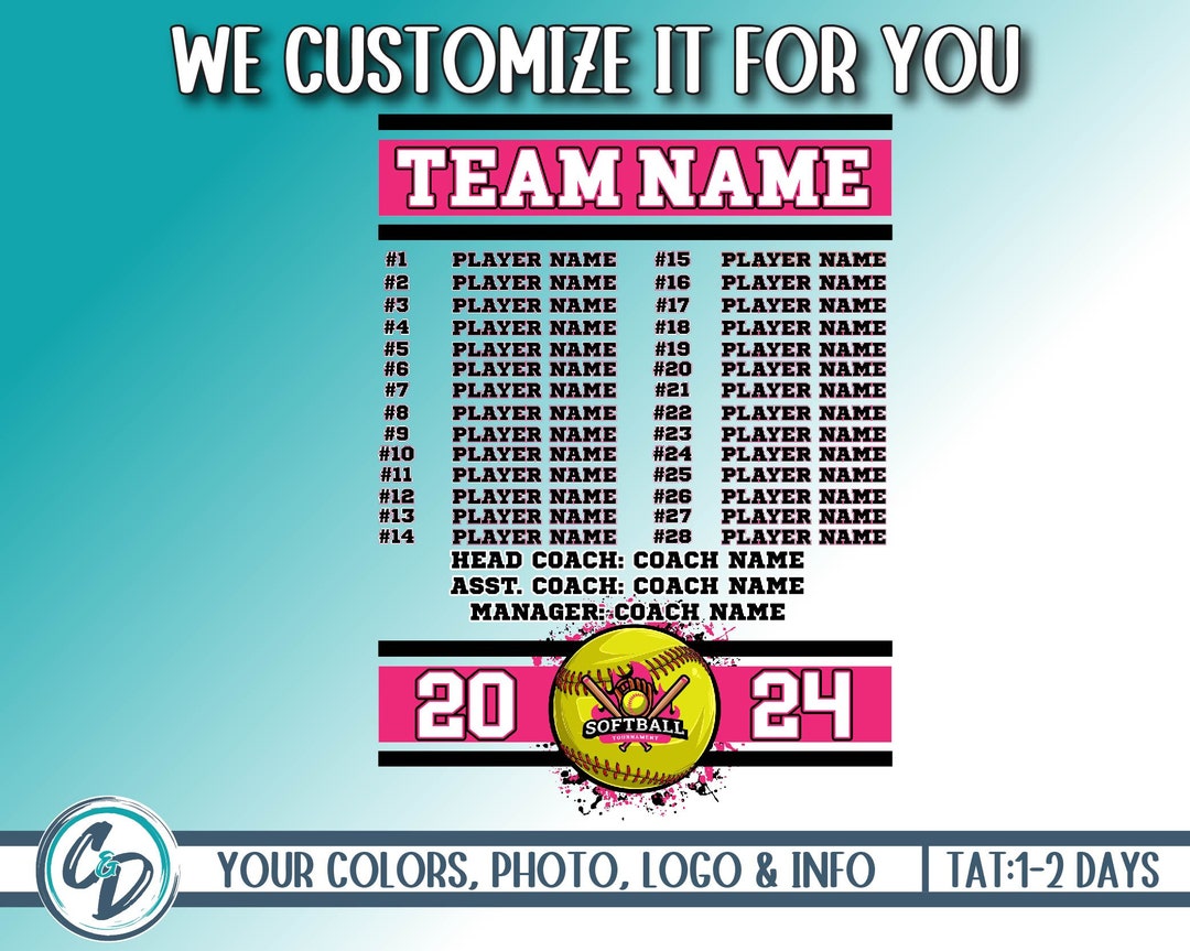 Softball Shirt Back Custom PNG, Custom Softball Roster Design, Shirt ...