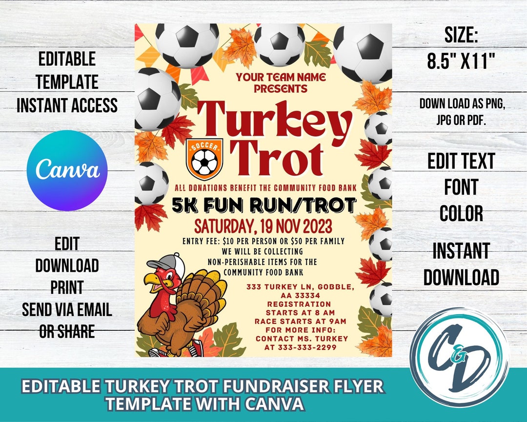 Soccer Turkey Trot Fundraiser Flyer Printable Soccer Thanksgiving Fall ...