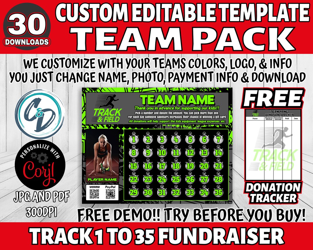 Corjl Editable Track and Field Pick a Number Fundraiser, Team Pack 30 ...
