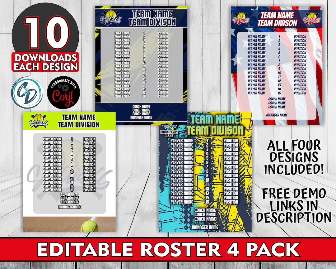 Customizable Softball Roster Template Pack , 4 Designs Included, Corjl ...