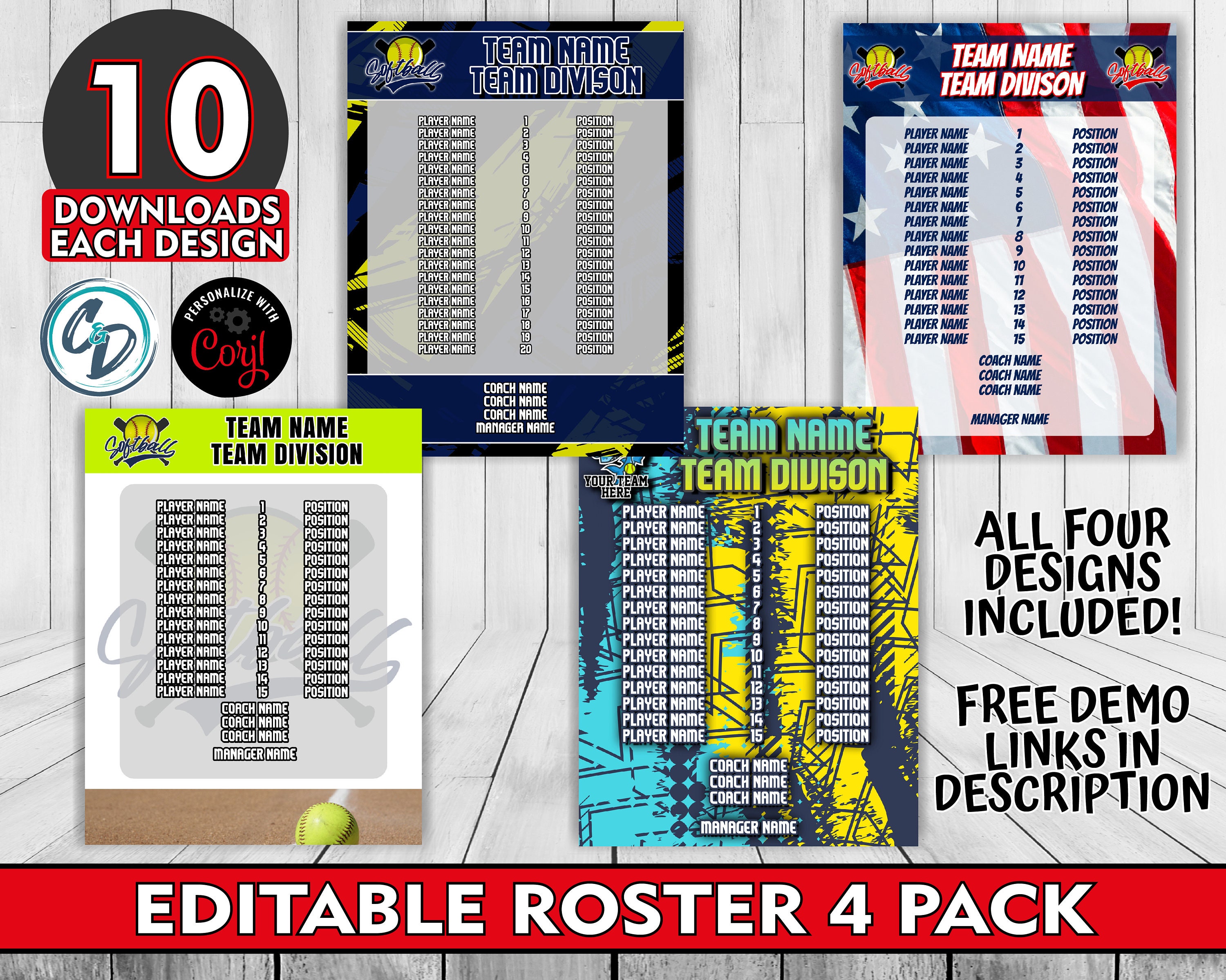 Customizable Softball Roster Template Pack , 4 Designs Included, Corjl ...