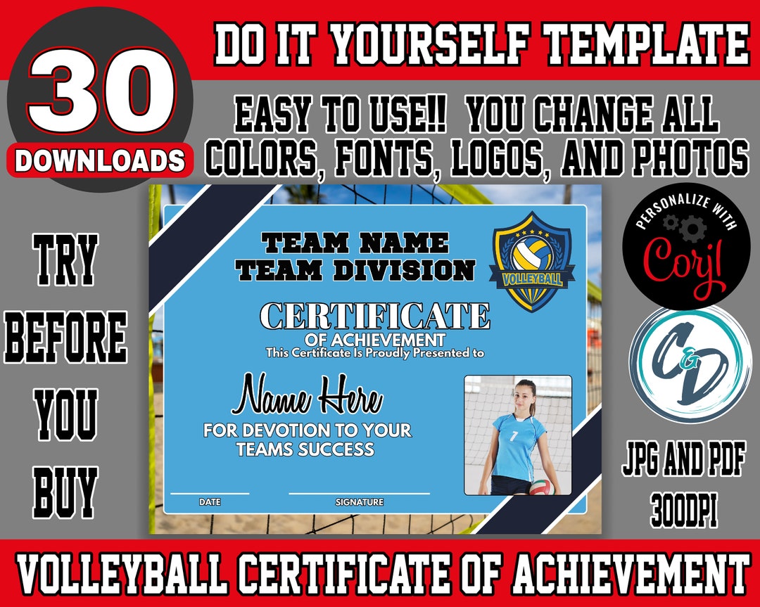 Personalized Volleyball Certificate Template | Editable Sports Award ...