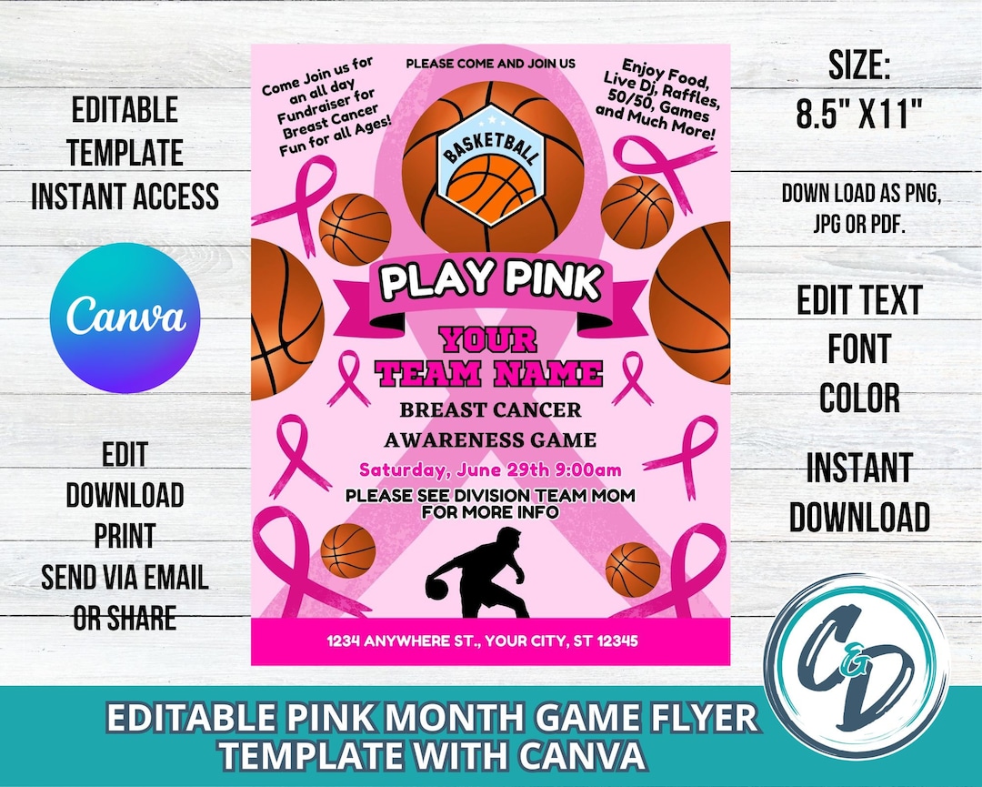 Basketball Breast Cancer Awareness Month, Editable Game Flyer, Pink ...