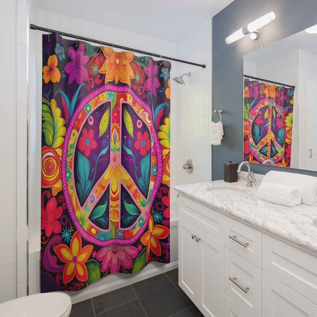 Bright Hippie Floral Peace Sign Shower Curtain - Etsy