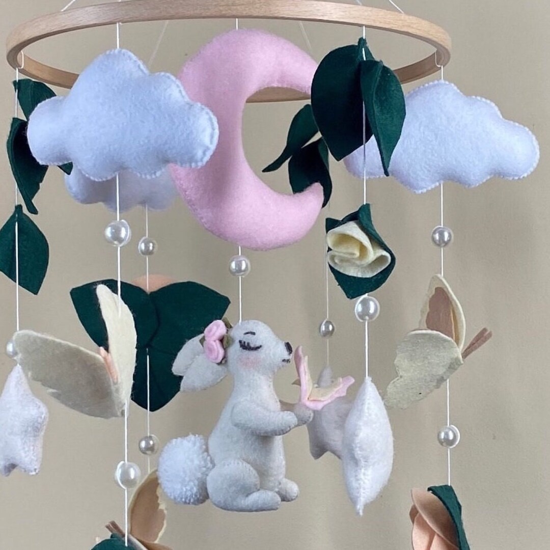 Bunny Rabbit Mobile Baby Star Moon Butterfly Flowers Handmade Arm ...