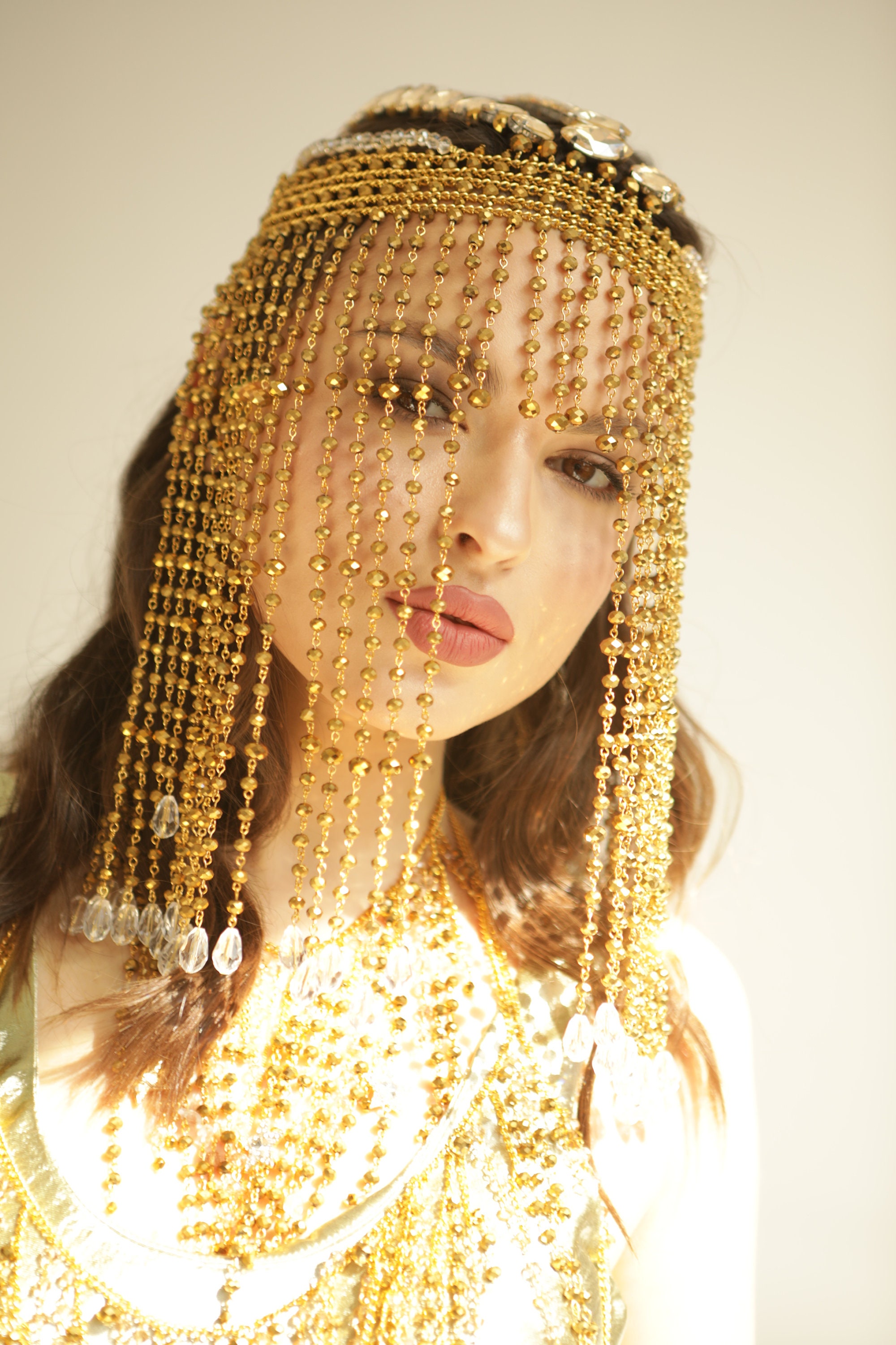 Golden Crystal Headpiece_gold Face Chain_ Bridal Headpiece_wedding Hair ...