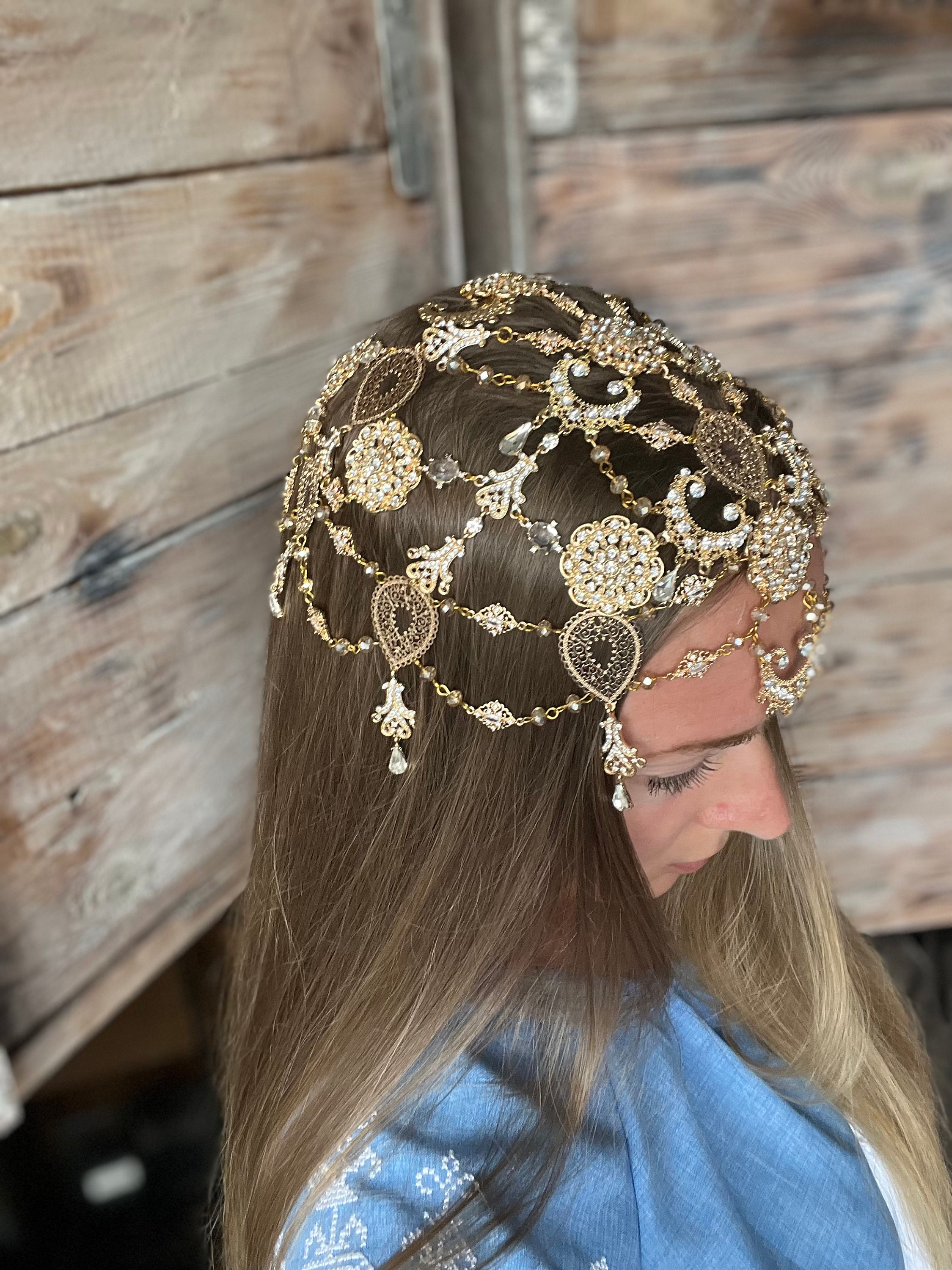 Gold Wedding Headpiece_bridal Statement Hair Chain_crystal Headpiece ...