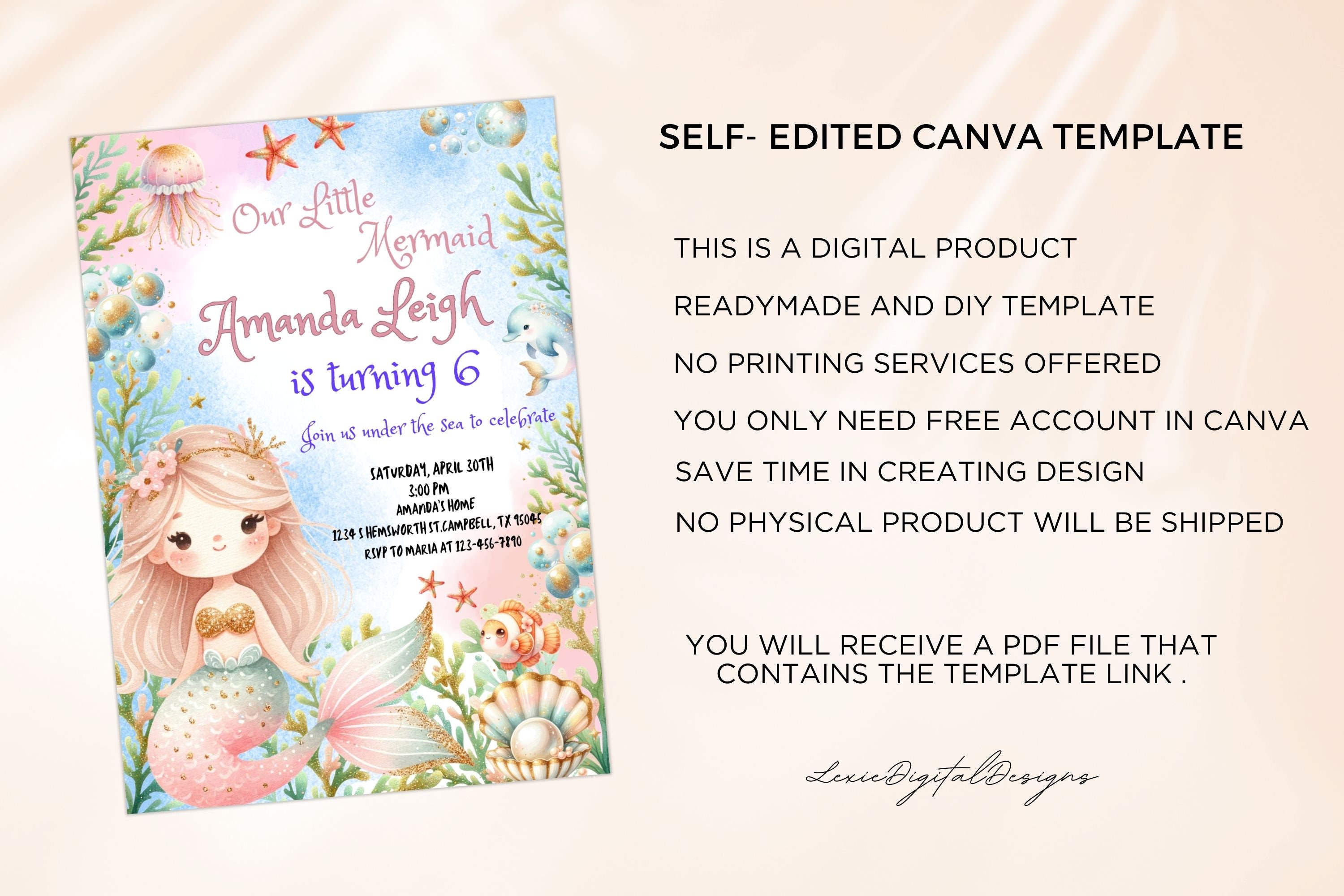 Editable Canva Mermaid Birthday Invitation, Pink Mermaid Invite, Under ...