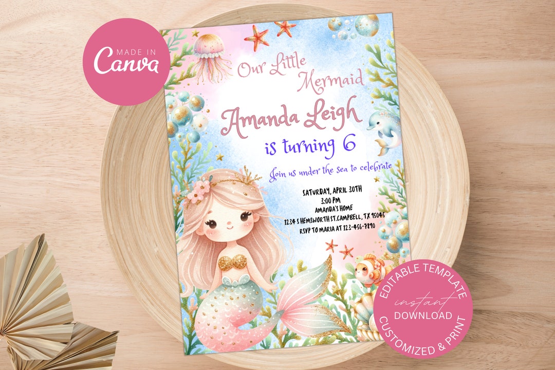 Editable Canva Mermaid Birthday Invitation, Pink Mermaid Invite, Under ...