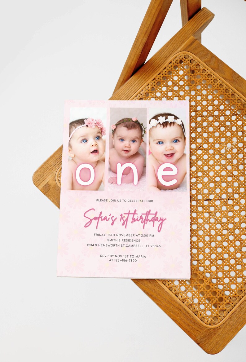 Editable Girl's 1st Birthday Photo Invitation Template (digital ...