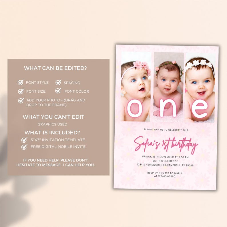 Editable Girl's 1st Birthday Photo Invitation Template (digital ...