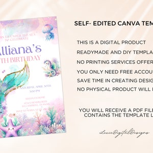 Editable Canva Mermaid Birthday Invitation, Pink Mermaid Invite, Under ...