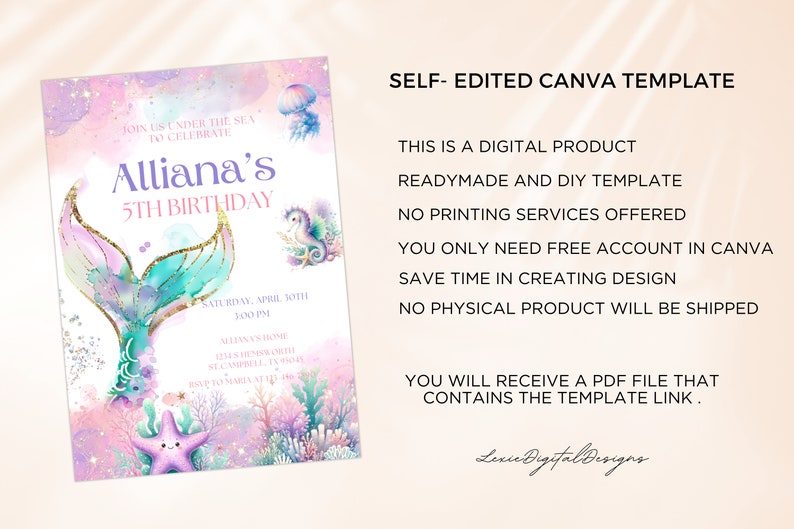 Editable Canva Mermaid Birthday Invitation, Pink Mermaid Invite, Under ...