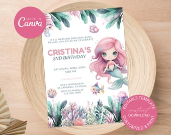 Editable Canva Mermaid Birthday Invitation, Pink Mermaid Invite, Under ...